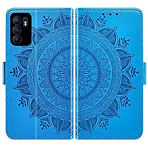 Asuwish Compatible with Oppo Reno 6 5G Wallet Case and Tempered Glass Screen Protector Credit Card Holder Flip Purse Accessories Wrist Strap Stand Folio Cell Phone Cover for Reno6 2021 Women Men Blue