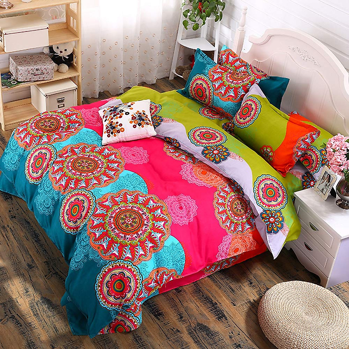 Pangzi Bohemian Duvet Cover Set Lightweight Microfiber Bedding Set Boho Floral Print Comforter Cover with Zipper Closure (Queen)