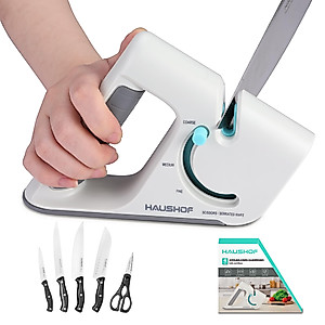 HAUSHOF 4-in-1 Knife Sharpener Tool, Premium 4-Stage Kitchen Knife Sharpeners for Scissors, Pocket knife, Hunting Knife, Grind and Polish Knife Accessories, Adjustable Handheld Manual Knife Sharpener