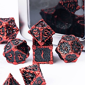 Cusdie Metal Dice with Metal Box, 7 PCs DND Metal Dice, Dagger Design Polyhedral Dice Set, for Role Playing Game D&D Dice MTG Pathfinder (Black with Red Font)