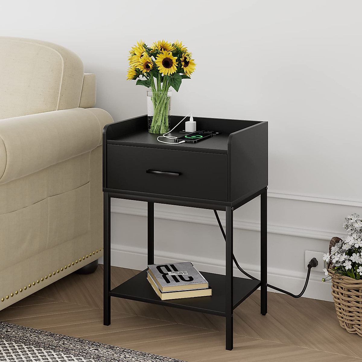 Masupu Nightstand with Charging Station,3-Tier Modern Bedside Night Stand with Storage Drawer and Shelf,Small End Side Table for Bedroom,Living Room,Black