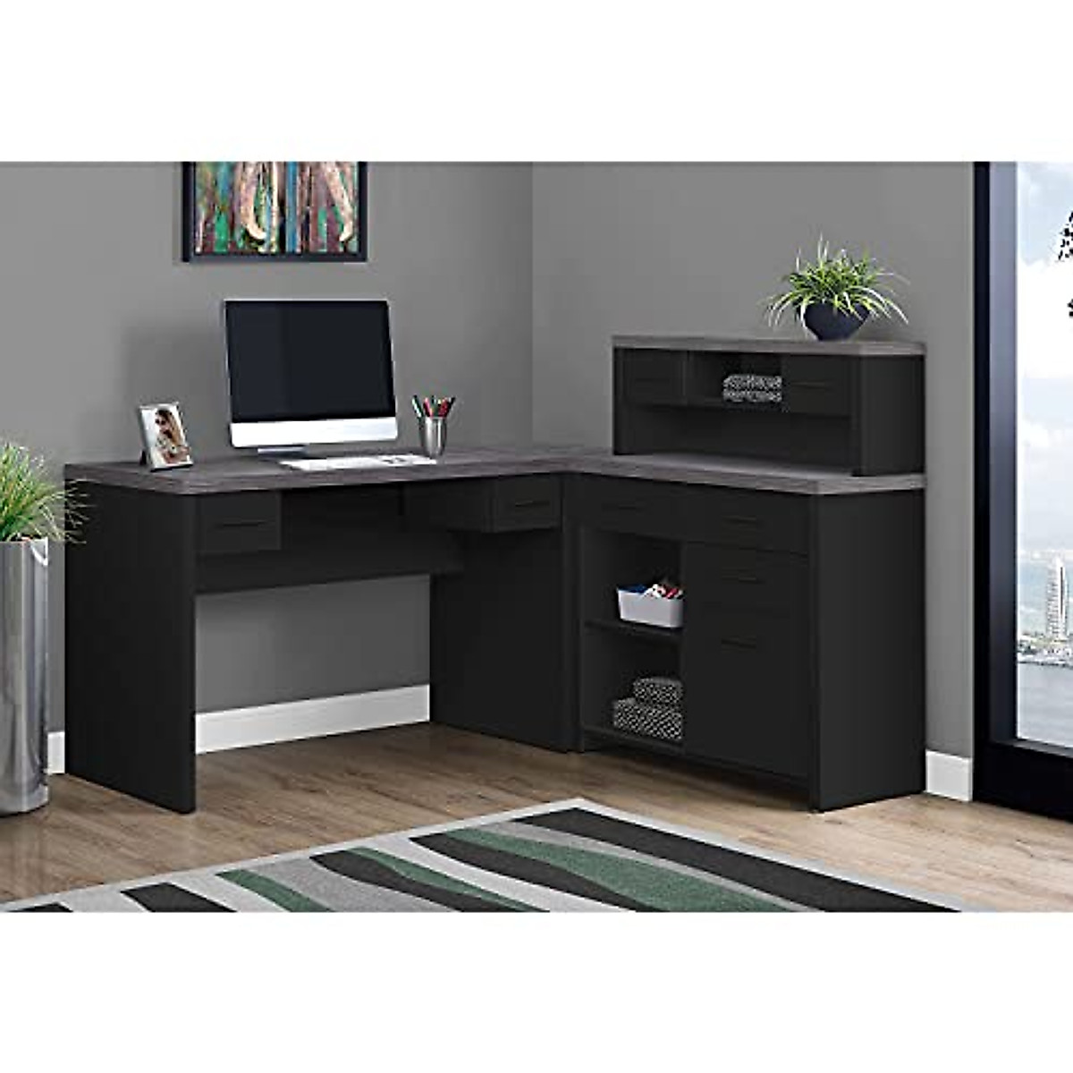Monarch Specialties Computer Desk L-Shaped - Left or Right Set- Up - Corner Desk with Hutch 60"L (Black - Grey Top)