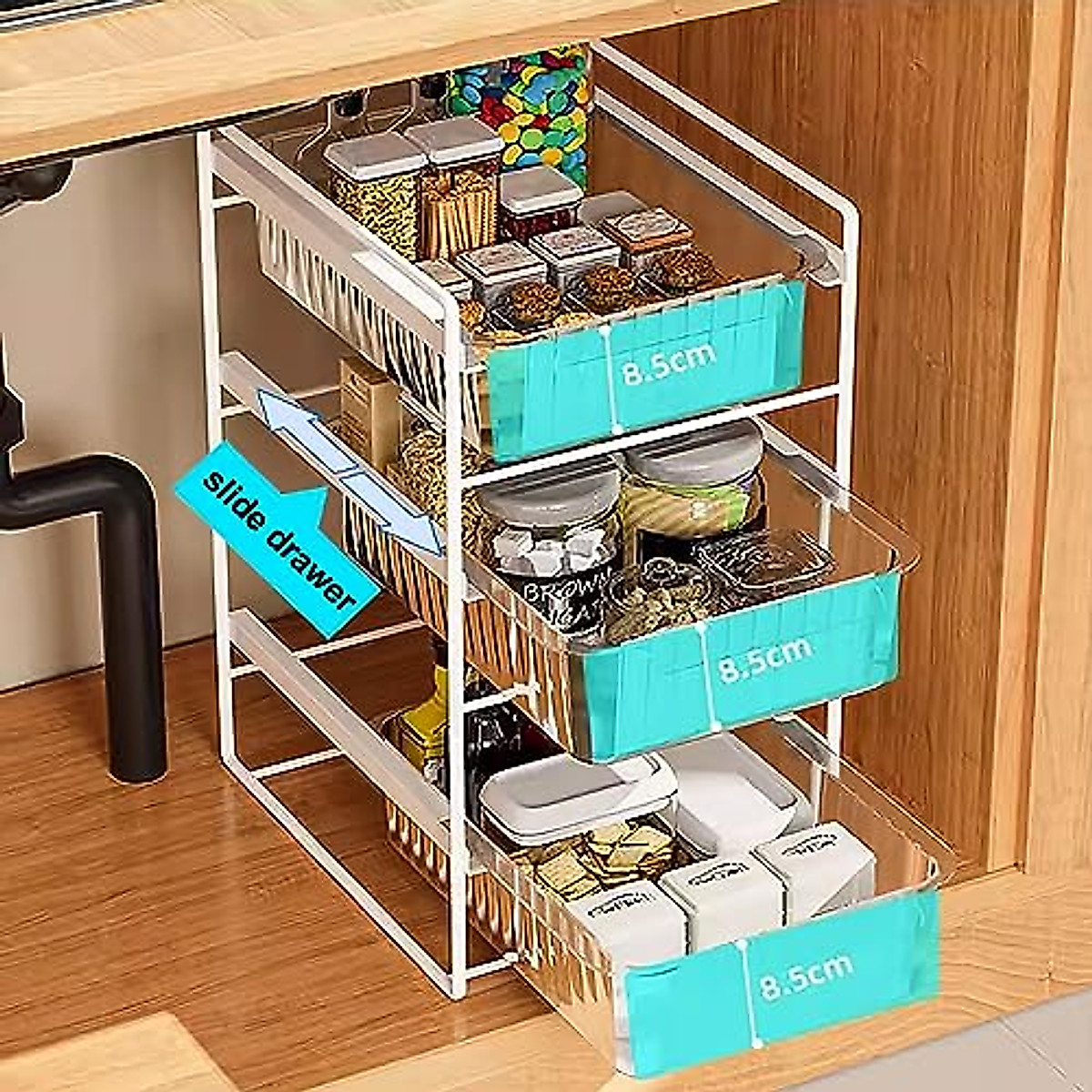 Atkits Clear Under Sink Organizers and Storage Under Sink Kitchen Organizer Pull Out 2-Tier Under Sink Cabinet Organizer with Sliding Storage Drawer,White,3 Tier