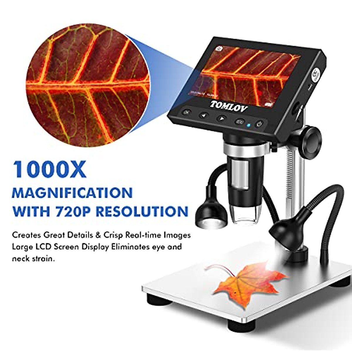 TOMLOV 1000X Error Coin Microscope with 4.3" LCD Screen, USB Digital Microscope with LED Fill Lights, Metal Stand, PC View, Photo/Video, SD Card Included, Windows Compatible, Model- DM4S