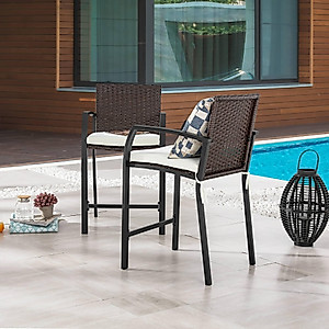 PatioFestival Counter Height Patio Bar Stools Set of 4 Wicker Outdoor Chairs Sets with Cushion Metal Arm Leg Footrests All Weather Frame (Brown)