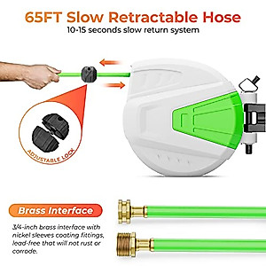 BIGTUR Retractable Garden Hose Reel, 3/5''x 65' Wall Mounted Retractable Garden Hose-Reel with Automatic Rewind/Slow Return System/180°Swivel Bracket