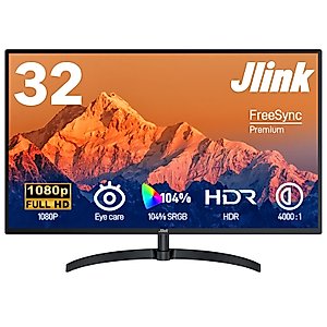 Jlink Computer Monitor FHD 32 Inch Monitor, 1920x1080P 60Hz 104% sRGB Display w/HDMI VGA 3.5mm Audio, HDR, VA Screen w/Freesync, Tilt，VESA Mount