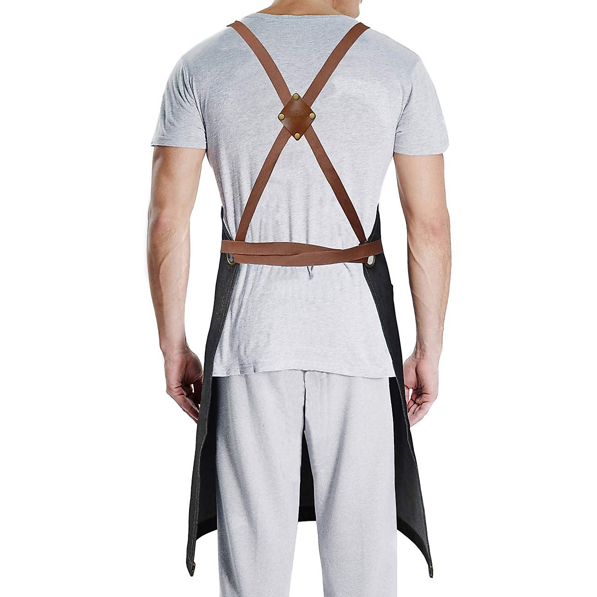 DingSay Trendy Professional Black Denim Apron with Pockets for Chef Cooking Kitchen Grill BBQ Hairstylist Painting, Mens Womens Apron with Leather Cross Back Straps