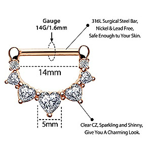 Melighting 2pcs 14G Nipple Ring Surgial Steel 316L Nipple Piercing Jewelry Shiny Heart Clear CZ Nipple Bars Nipple Barbell for Women Rose Gold 14mm