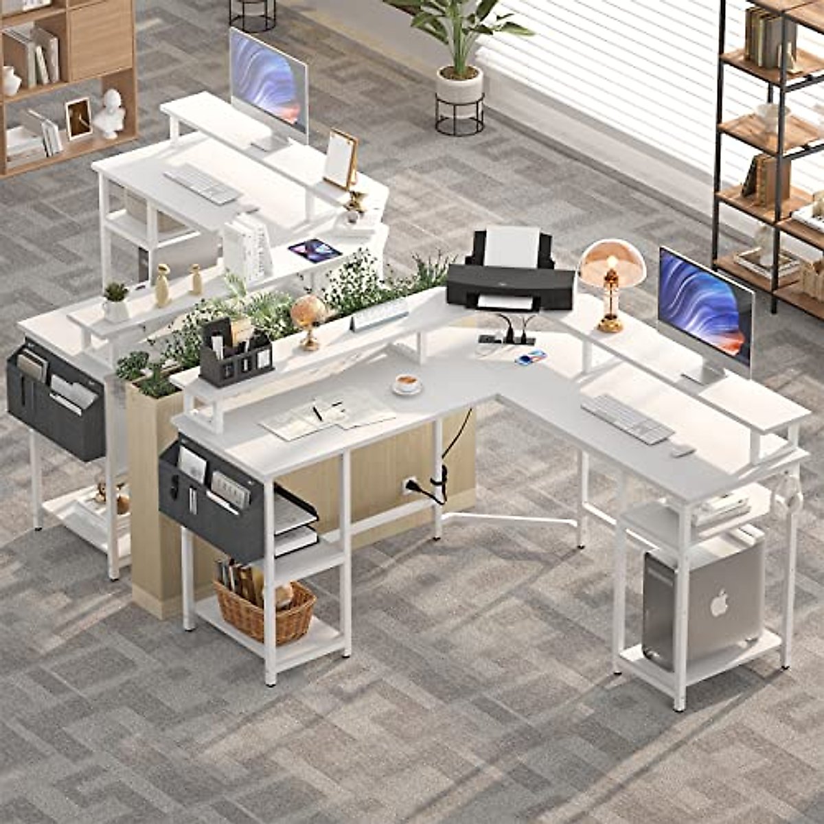 Aheaplus L Shaped Gaming Desk with Power Outlets & LED Lights, Computer Corner Desk with Monitor Stand and Storage Shelf, Home Office Writing Desk with Storage Bag, White