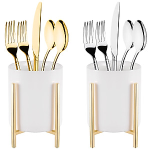 Varku 2Pcs Sturdy Cutlery Holders, White Ceramic Cup with Golden Metal Bracket, Robust Silverware Caddy, Round Utensil Crock for Countertop, Desktop Flatware Organizer for Kitchen