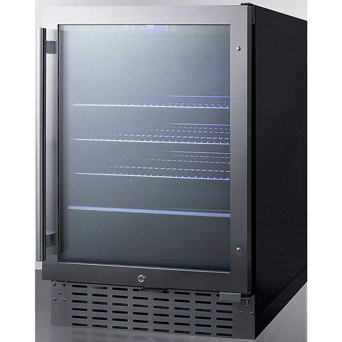 Summit SCR2466B 24 Inch 4.2 cu. ft. Capacity Freestanding or Built In Glass Door Beverage Center with Reversible Door, Lock, 4 Shelves, Reversible Door Hinge, Factory Installed Lock, CFC Free, Comme