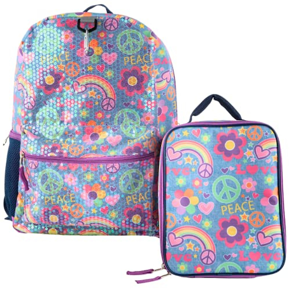 CLUB LIBBY LU Retro Denim Print Sequin Backpack with Lunch Box Set for Girls, 3 Piece Value Bundle, 16 Inch