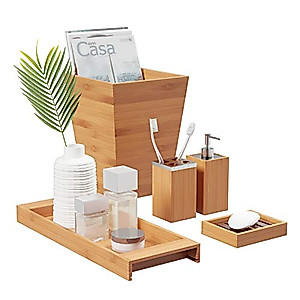 5-Piece Bathroom Decor Set - Bamboo Bathroom Accessories Set with Trash Can, Soap Dish, Soap Dispenser, Toothbrush Holder, and Tray by Lavish Home