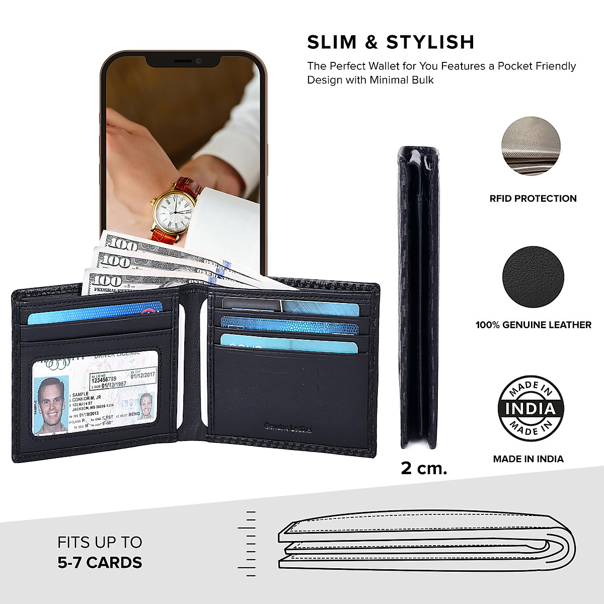 RFID Blocking Bifold Wallet | Genuine Leather | 1 ID | Multiple Credit Cards Slot | Minimalist Black Wallet For Men