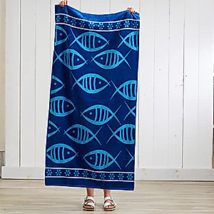 Great Bay Home Large Beach Towel Set of 2 - Blue Fish and Striped Beach Towels for Adults and Velour Pool Towels 100% Cotton - Lightweight Quick Dry Beach Towel Pack - Beach Towel for Travel