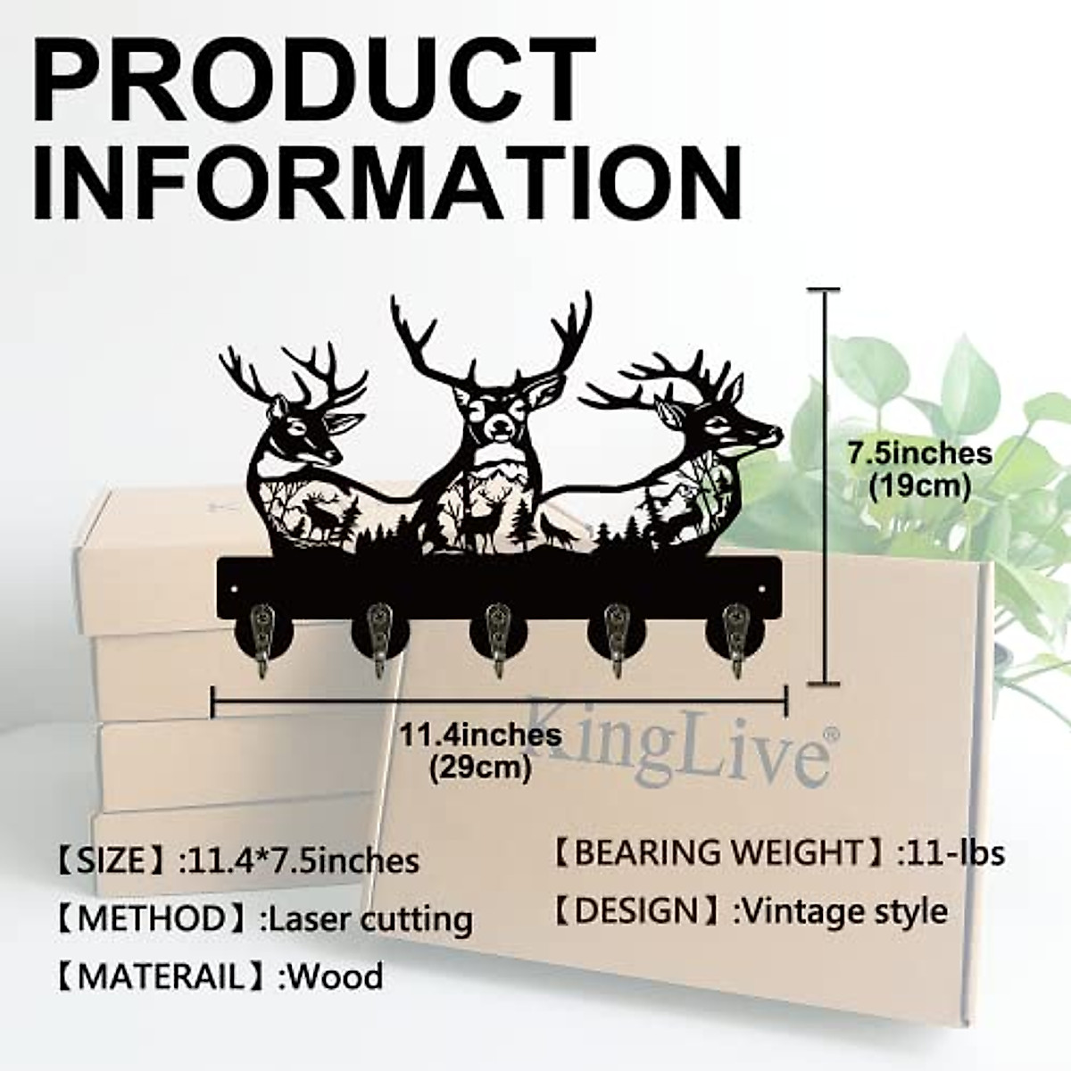 SCITOY Deer Key Hooks, Animal Theme Wall Mount Organizer, Wooden Key Holder / Hanger with 5 Metal Hooks,19*29*3cm Black Home Decoration for Storage, Living Room, Hallway, Office