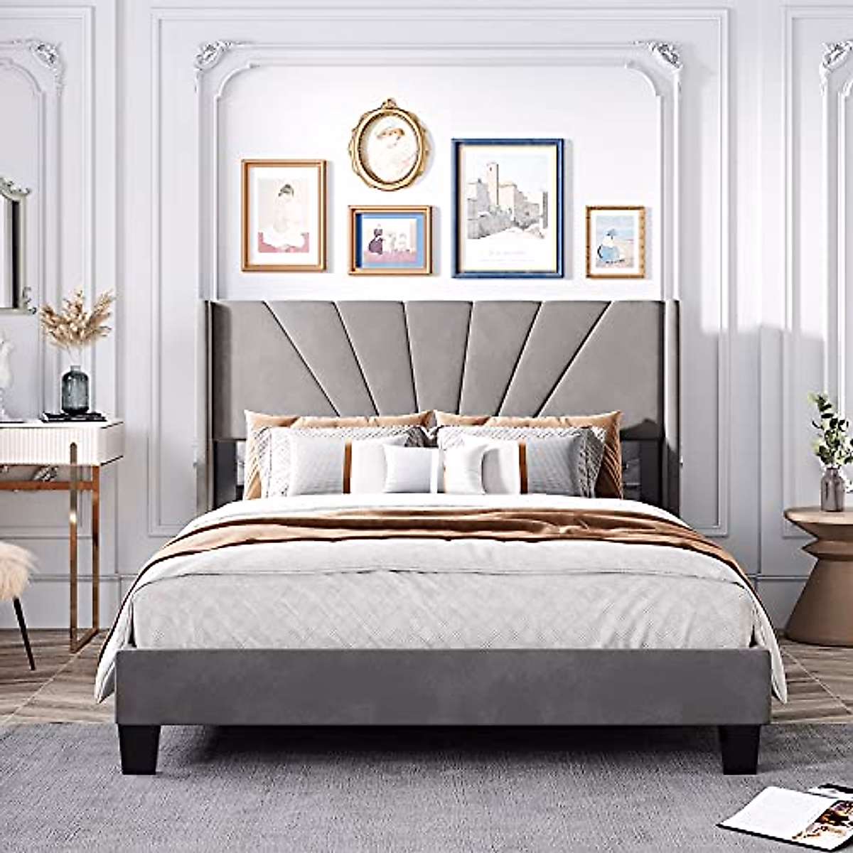 HBRR Queen Size Bed Frame with Velvet Upholstered Headboard, Low Profile Platform Bed with Wood Slats, Fully Upholstered Mattress Foundation, Noise-Free, Easy Assembly, Gray