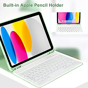TQQ iPad 10th Generation Case with Keyboard 10.9" 2022 (Green) Bundle with Fast Charge Stylus Pen for iPad Compatible with 2018-2023 Release (Black Purple)