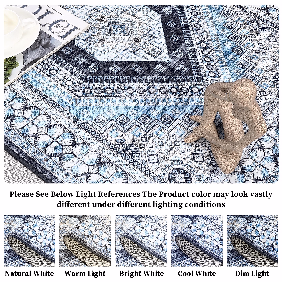 GarveeHome 8x10 Washable Area Rug Boho Living Room Rug Non-Slip Nursery Rug Low-Pile Retro Carpet Print Distressed Rug for for Laundry Dining Room Office, Blue/Grey