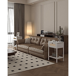 JOONEE Rattan Nightstand，Modern Farmhouse Bedside Table with Storage Drawer and Shelf (White)