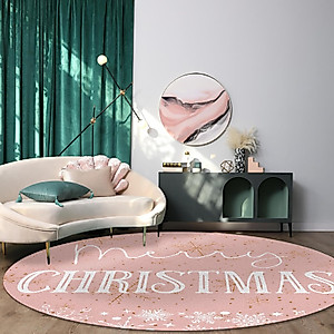 Merry Christmas Round Area Rug 5ft,Washable Outdoor Indoor Carpet Runner Rug for Bedroom,Kitchen,Bathroom,Living/Dining/Laundry Room,Office,Area+Rug Bath Door Mat Blush Pink Gold Winter Snowflake