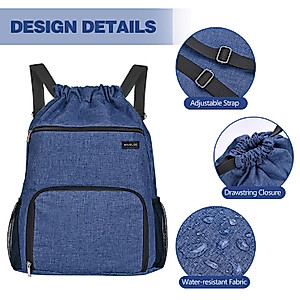 BAVELOE Drawstring Backpack Sports Gym Bag Wet Pocket & Shoe Compartment, Water-Resistant String Bag for Women Men(Navy Blue)