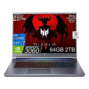 Acer Predator Helios Triton 500 SE (16" QHD 165Hz, Intel 8-Core i7-11800H, 64GB RAM, 2TB SSD, GeForce RTX 3060 6GB) 3-zone RGB Backlit Gaming Laptop, Webcam, Fingerprint, Win11 Home, Steel Gray