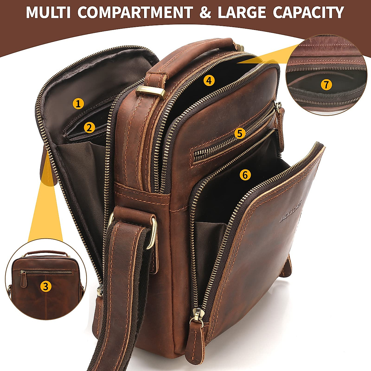 Jack&Chris Leather Messenger Bag for Men, Man Purse Crossbody Bags for Work Business, Red Brown