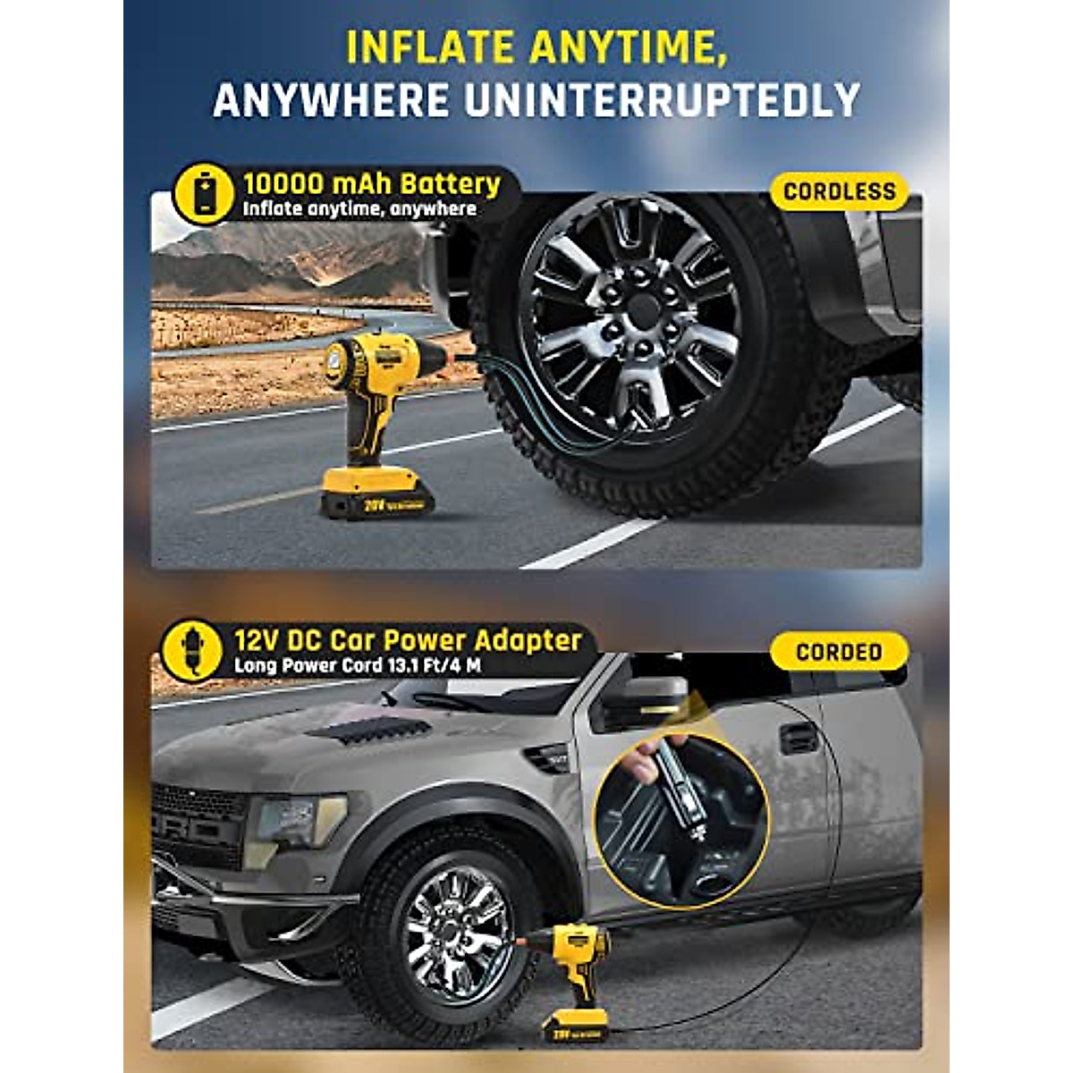 Veapoot Tire Inflator Portable Air Compressor, Air Pump for Car Tires, 20V Rechargeable Battery Powered 160PSI Handheld Tire Pump with 12V Car Adapter,Digital Pressure Gauge, Auto Inflation and Stop