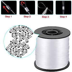Clear Invisible Hanging Wire 0.9mm Up to 60lbs,656Feet(200M) Strong Nylon Thread for Beading Sewing Ornaments with 60Pcs Aluminum Crimping Sleeves,Hanging Kit for Picture Frame,String Light Hanging