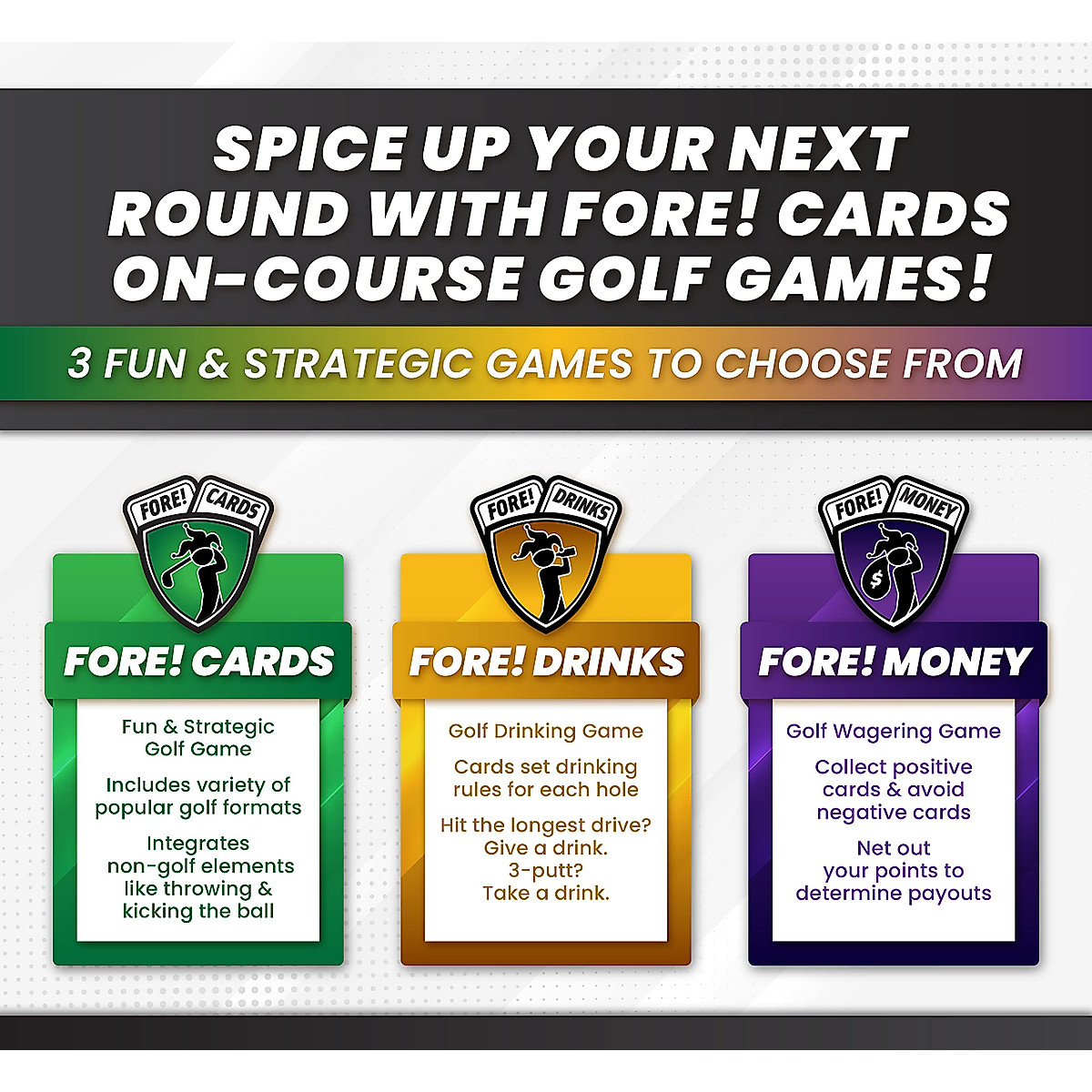 Fore! Cards 3 Game Bundle | 3 Fun & Interactive On-Course Golf Games to Suit Every Type of Golf Round | Never Play a Boring Round Again | Save Over 25%