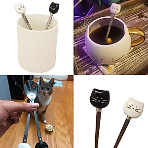 Honbay 2PCS Cute Cat Spoon Stainless Steel Tea Spoon Coffee Spoon Sugar Spoon for Cat Mug, Black and White