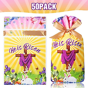 50 Pieces Easter Drawstring Gift Bags Plastic Easter Treat Bags Easter Wrapping Bag Inspiring He is Risen Sign Treat Candy Bags Easter Cookie Bags Goody Bags for Easter Theme Bible School Party Favor