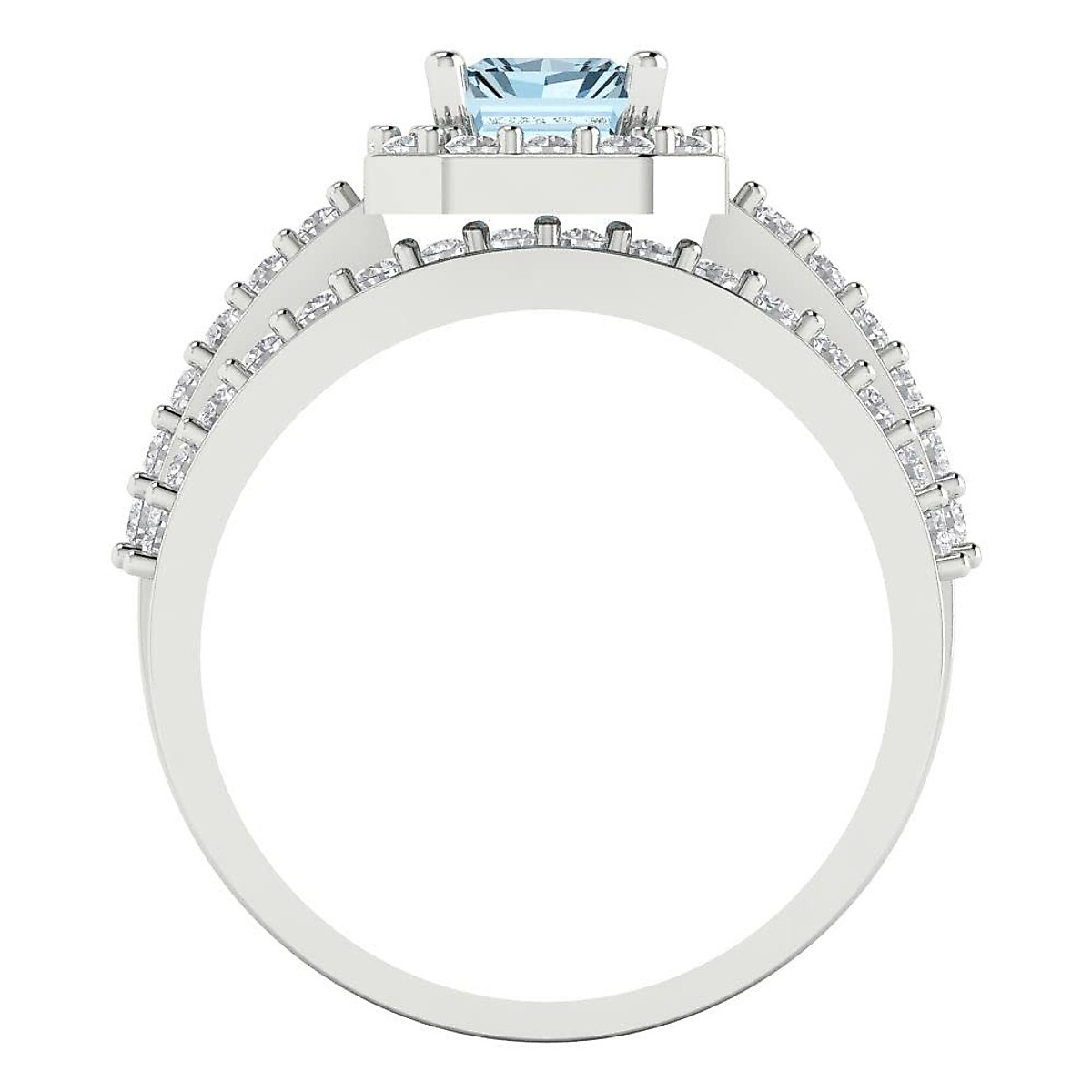 Clara Pucci 2.3 ct Emerald Cut Halo Solitaire Natural Aquamarine Designer Art Deco Statement Wedding Ring Band Set 18K White Gold 8.5