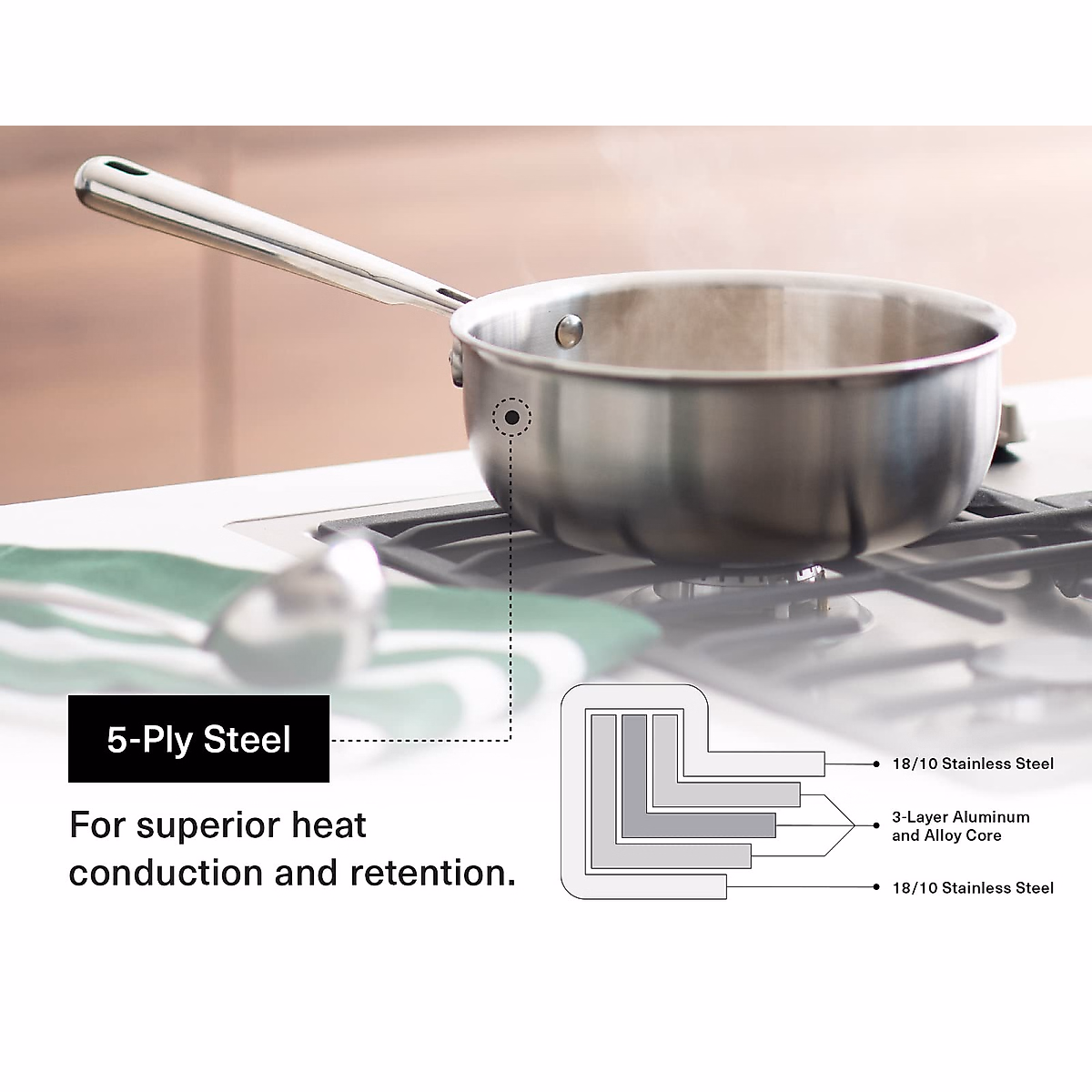 Misen Premium Saucier Pan with Lid & Stay Cool Handle - 5-Ply Stainless Steel Cookware - Gas, Electric & Induction Cooking, Thick Bottom, Nonstick Interior, Heats Evenly - 3 Quarts