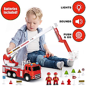 Fire Truck Playset - 1:12 Scale Large Size Toys - Realistic Fire Engine, 3 Firemen, Road Signs, Lights, Sounds - Friction-Powered Fire Truck Toys for 3 Year Old Boys, Girls, Toddlers Age 3 4 5