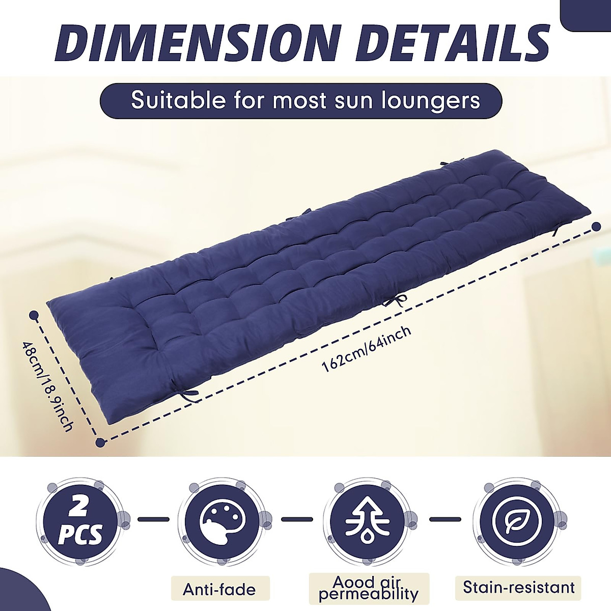 Vercraft 4 Pcs Chaise Lounge Chair Cushion 64 x 19 Inch Outdoor Patio Chaise Lounge Cushion Summer Recliner Cushion Pad with Ties Seasonal Replacement Cushions for Home Patio Beach(Dark Blue)