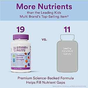 SmartyPants Toddler Multivitamin Gummies: Omega 3 Fish Oil (EPA/DHA), Vitamin D3, C, Vitamin B12, B6, Vitamin A, K & Zinc for Immune Support, Gluten Free, Three Fruit Flavors, 90 Count (30 Day Supply)