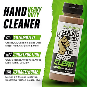 Grip Clean Squeeze Bottle & Brush Combo - Heavy-Duty Degreaser Hand Cleaner & Nail Brush Set - Tackle Grease, Oil, & Grime with Natural Pumice Soap & Nail Cleaning Scrub for Clean Hands & Nails