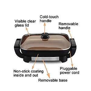 Ceramic Nonstick Electric Skillet with Lids - 12”x15” Removable Pan, Adjustable Temperature & Reversible Design, Nozaya