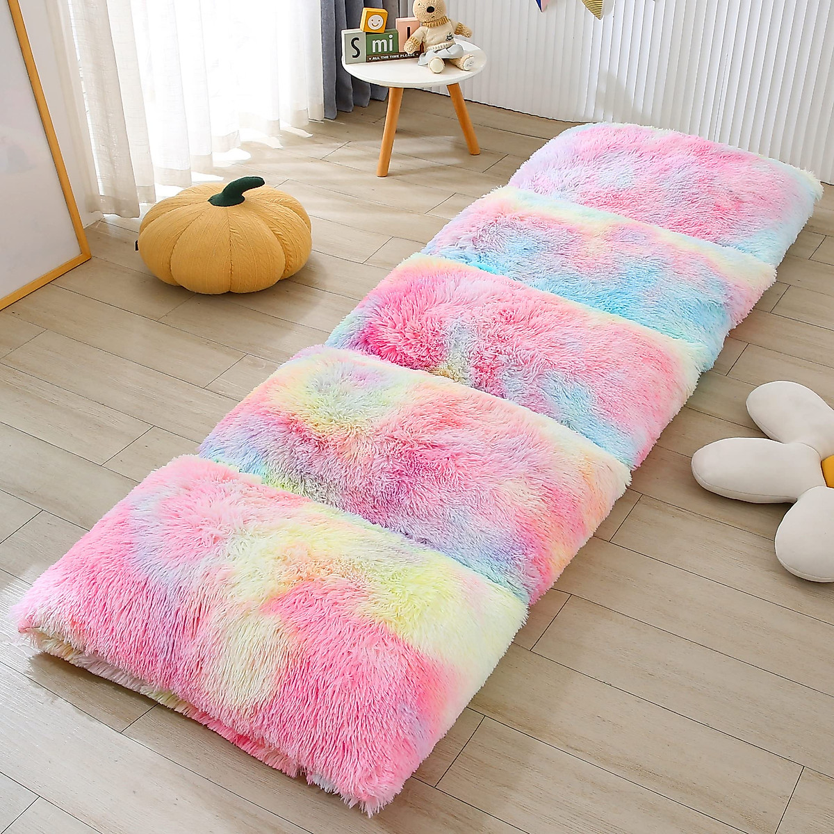 Mengersi Velvet Floor Pillows,Faux Fur Tie Dye Pillow Bed Floor Lounger Cover,Sleeping Mat for Girls Teen Toddler,Pillow Lounger for Reading Playing Games Party,Requires 5 Pillows(King,Pink)