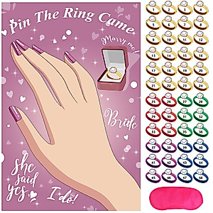 Pin The Ring on The Bride Game Bridal Shower Games, Large Bridal Games Poster with 48 Stickers for Wedding Shower Bachelorette Party Games Girls Night Engagement Bachelorette Party Decorations