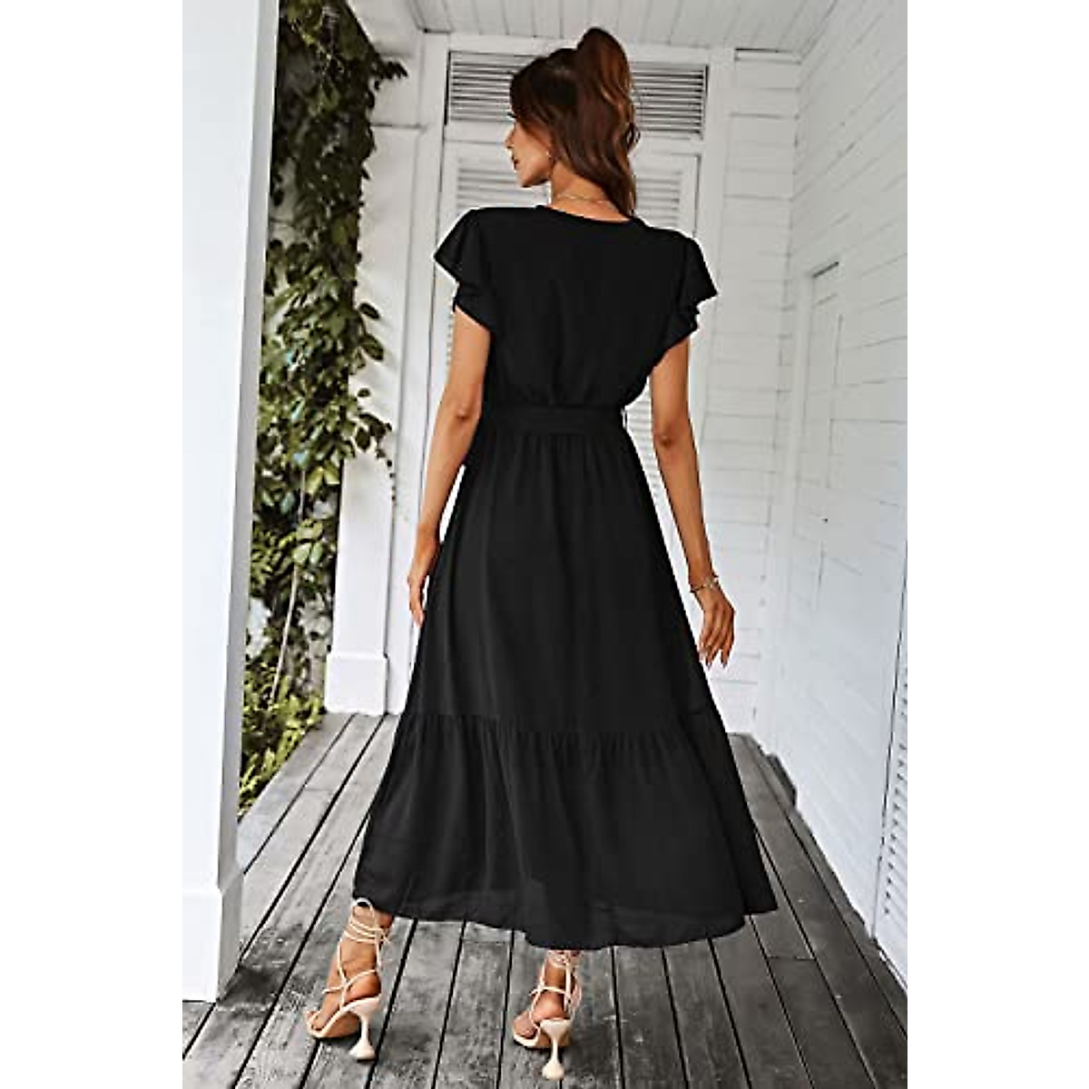 PRETTYGARDEN Women's 2023 Floral Boho Dress Wrap V Neck Short Sleeve Belted Ruffle Hem A-Line Flowy Maxi Dresses (Solid Black,Large)