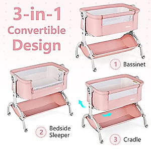 INFANS 3 in 1 Baby Bassinet, Bedside Sleeper, Rocking Cradle, Easy Folding Portable Safer Co-Sleeping Crib with Height Angle Adjustable, Wheels Storage Basket Travel Bag for Infant Newborn (Pink)