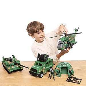 JOYIN Military Reconnaissance Vehicle Toy Set of Friction Powered Helicopter, Tank, Armored Car with Light and Sound, Motorcycle, Camp and Army Figures, Realistic Military Vehicle Playset for Kids