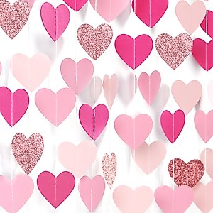 Hot-Pink Rose-Gold Party Decorations Heart-Garland - 52ft Wedding Bridal Shower Hanging Decoration Streamers Banner,Baby Girl Birthday Bachelorette Engagement Mohters Valentines Day Decor Panduola