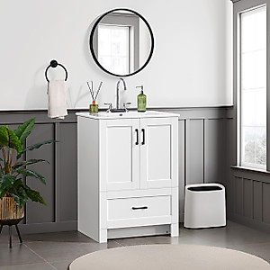 Yaheetech 24.5" Bathroom Vanity with Ceramic Sink, Bathroom Vanity Sink Cabinet with 2 Doors and 1 Drawer, Bathroom Vanities Floor Standing with Sink Combo Set, White
