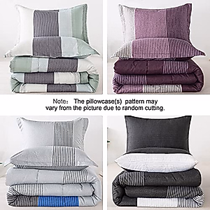 Litanika Queen Comforter Set Sage Green - 3 Pieces Lightweight Bedding Comforter Sets, Light Green White Colorblock Stripe Fluffy Bed Set, All Season Down Alternative