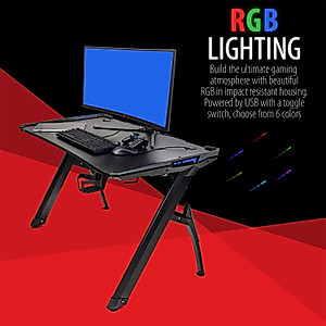 Deco Gear Ultrawide Curved LED Computer Gaming/Office Desk, Waterproof Carbon-Fiber Surface, Supports up to 175-lbs., 6-Color RGB Lighting Accents, Cable Management, Cup Holder, 31.5" Mouse Pad